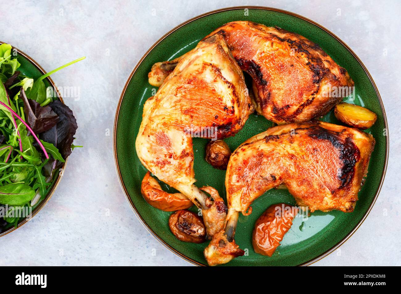 Delicious barbecue chicken meat. Fried chicken legs quarters. Top view ...