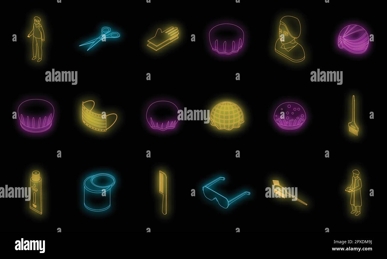 Hair cover icons set. Isometric set of hair cover vector icons neon ...