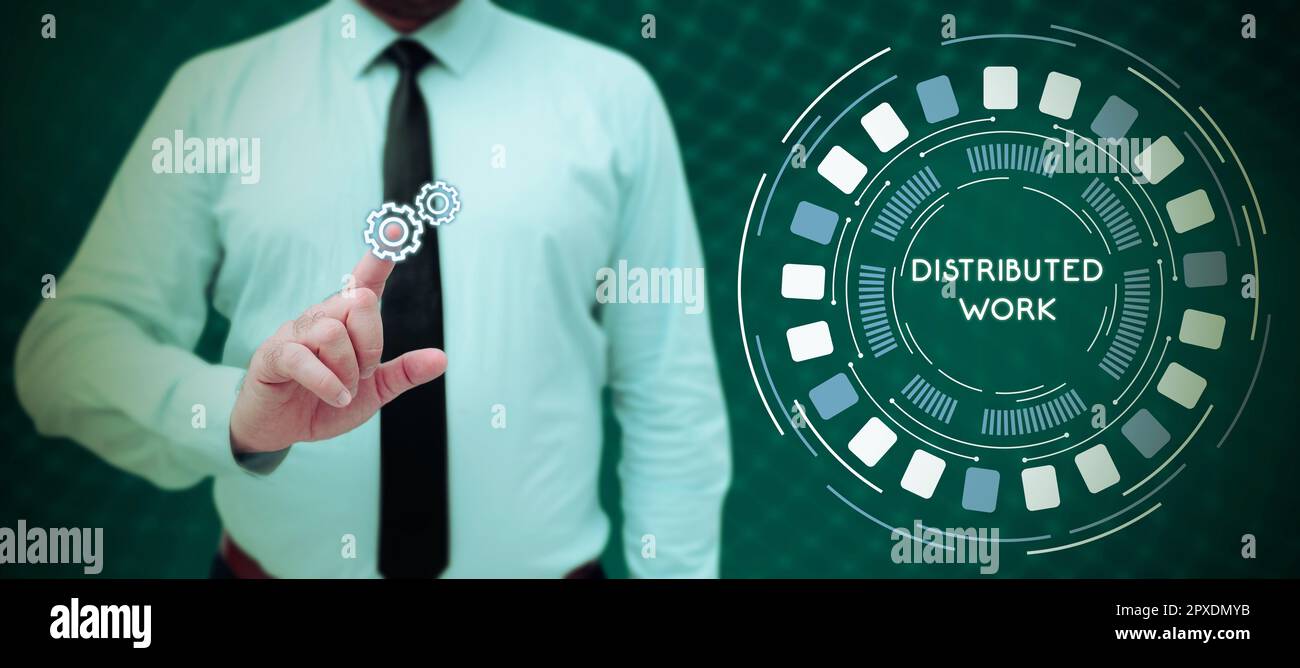 Sign displaying Distributed Work, Business overview practiced by enterprises using network ...