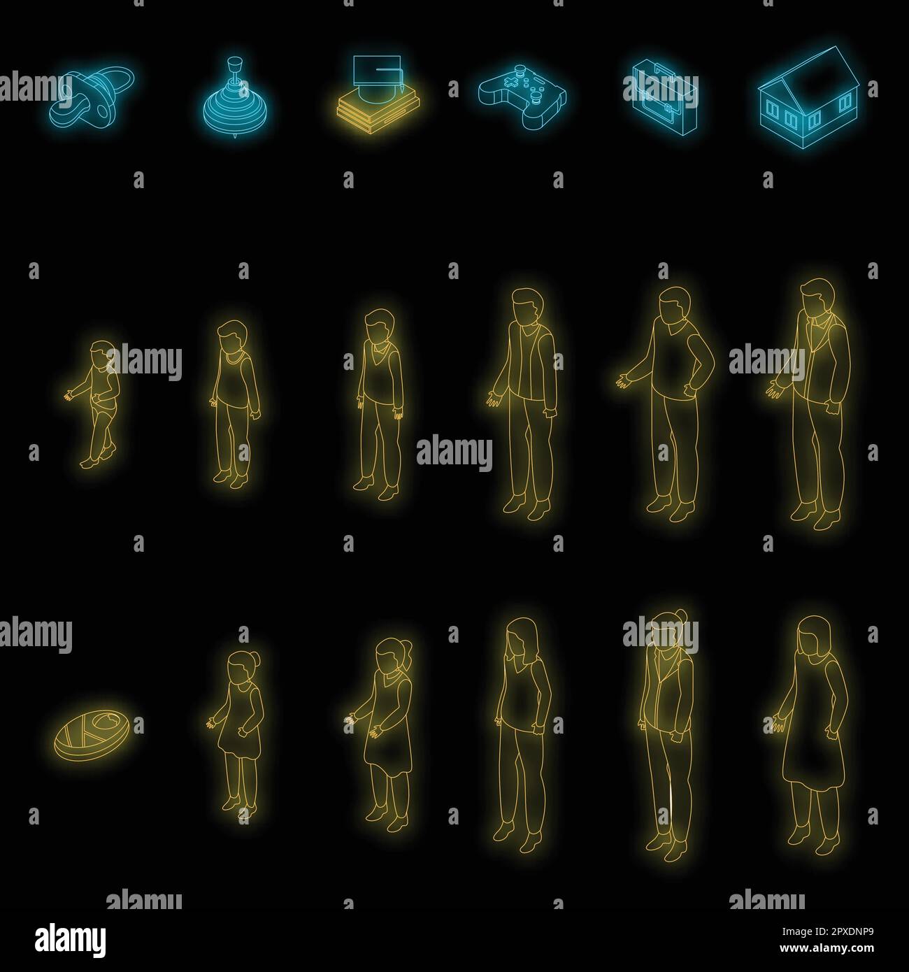 Generation icons set. Isometric set of generation vector icons neon ...