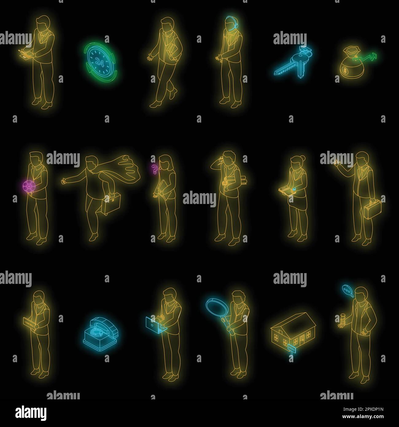 Agent icons set. Isometric set of agent vector icons neon color on ...