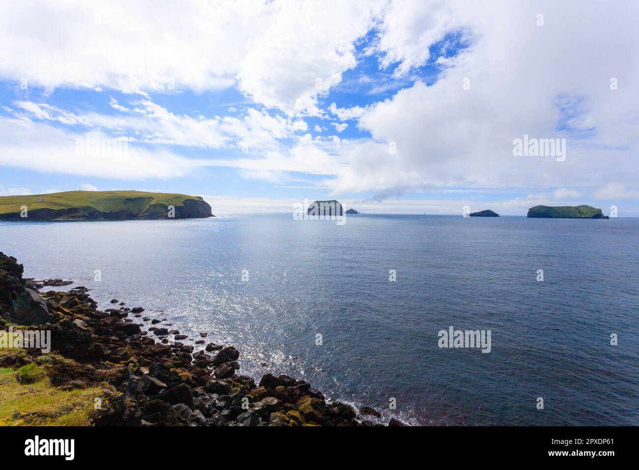 Vestmannaeyjar island beach view with Surtsey island in background ...