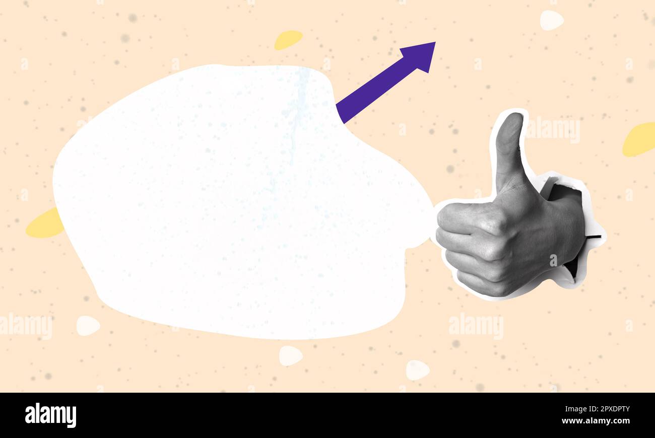 Collage portrait finger up space dialogue bubble isolated on creative ...