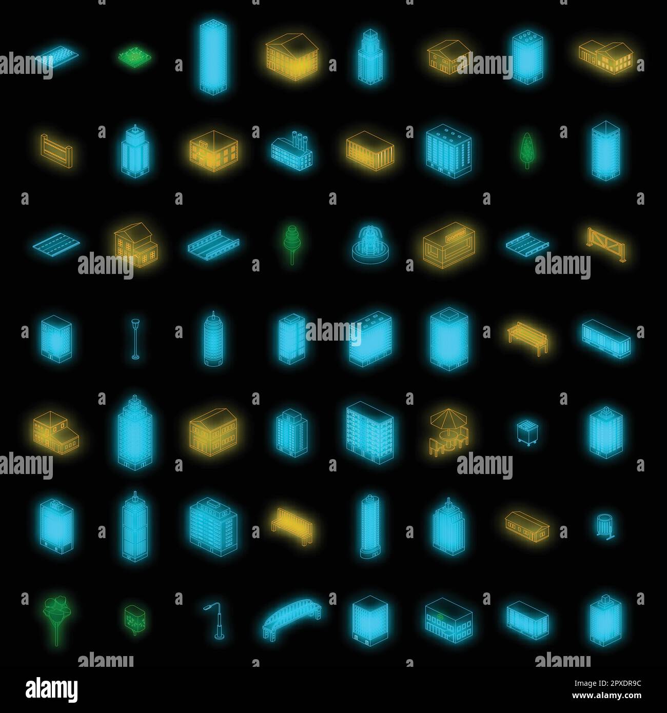 City infrastructure icons set. Isometric set of city infrastructure vector icons neon color on ...