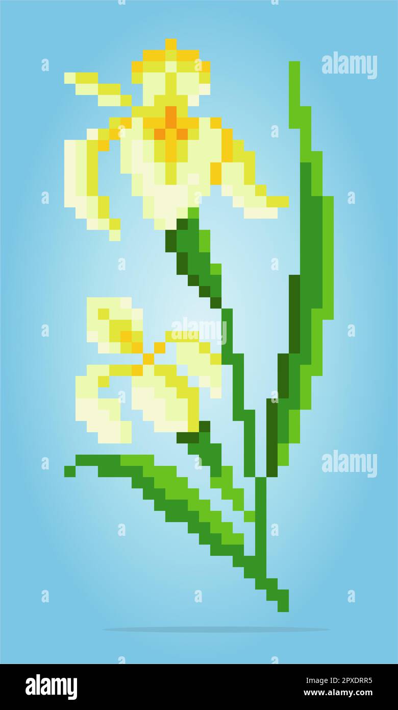 8 bit pixel lily flower. Yellow flowers for cross stitch patterns, in ...