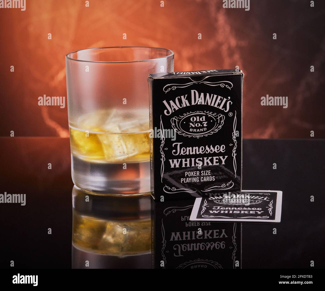 Glass of whiskey with pack of Jack Daniels playing cards Stock Photo ...
