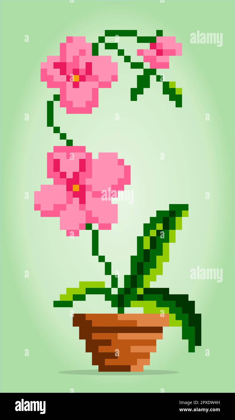 8-bit pixel orchid flower. Pink Flowers for Cross Stitch patterns, in ...