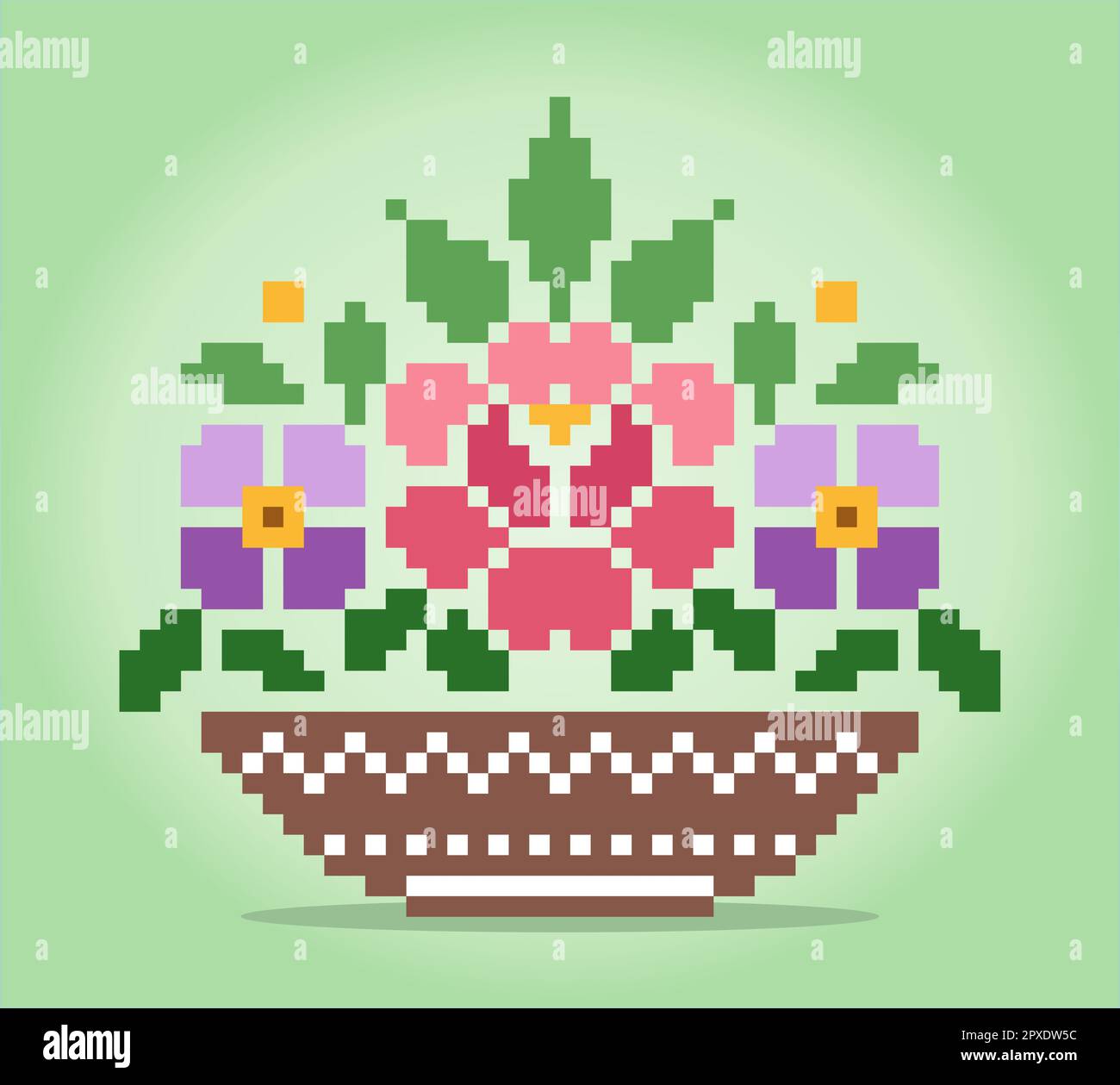 8-bit pixel flowers on the basket. Bouquet flowers for cross stitch ...