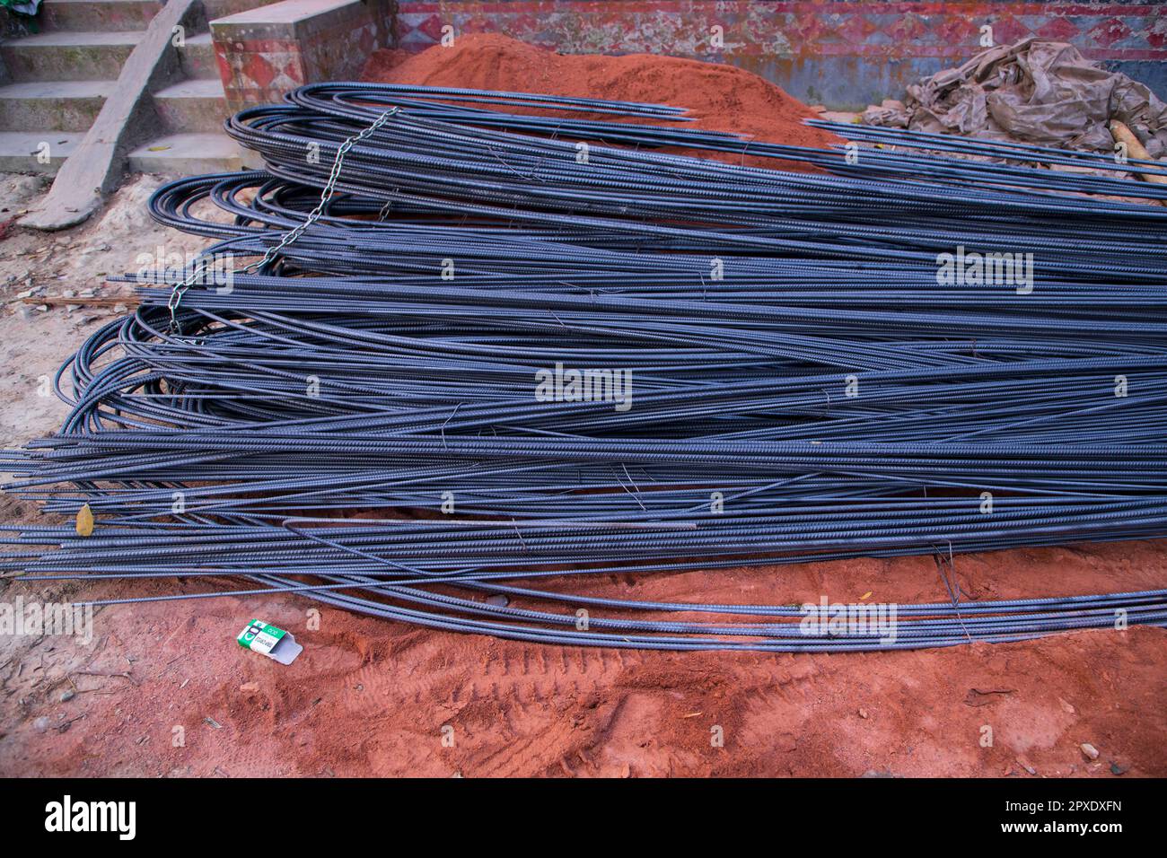 Steel wire on construction site, closeup of metal wire in construction ...