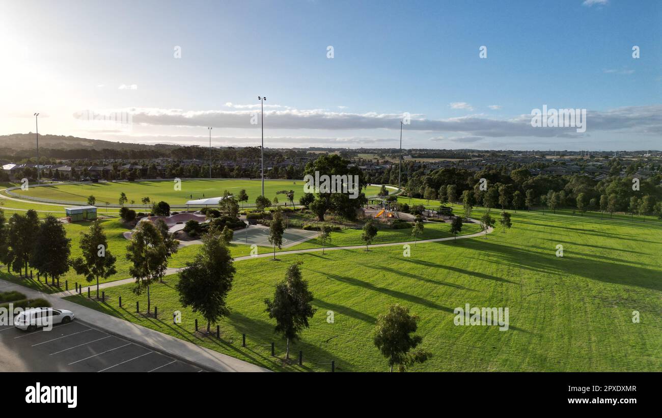 An aerial view of the Craigieburn football park and a parking and a ...