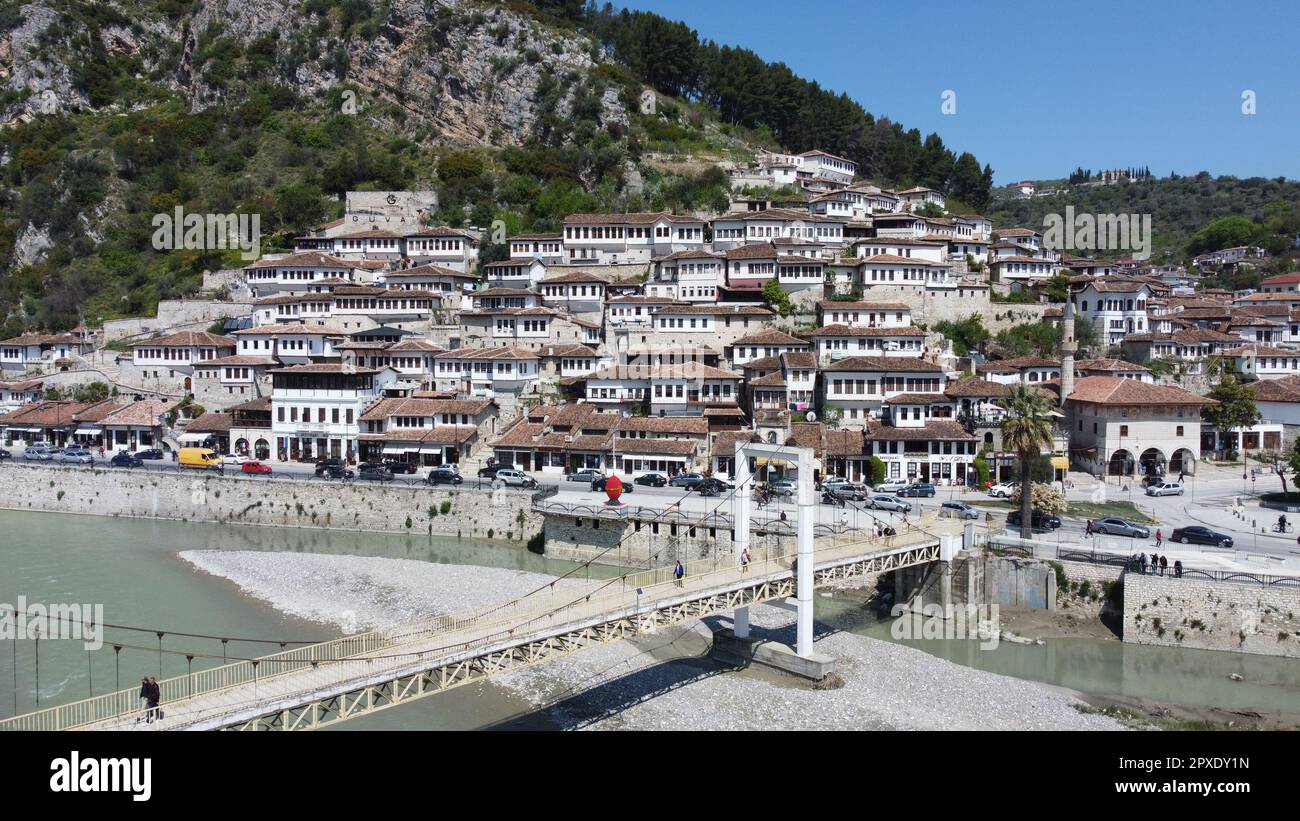 High view of the historic town of Berat in Albania, World Heritage Site ...