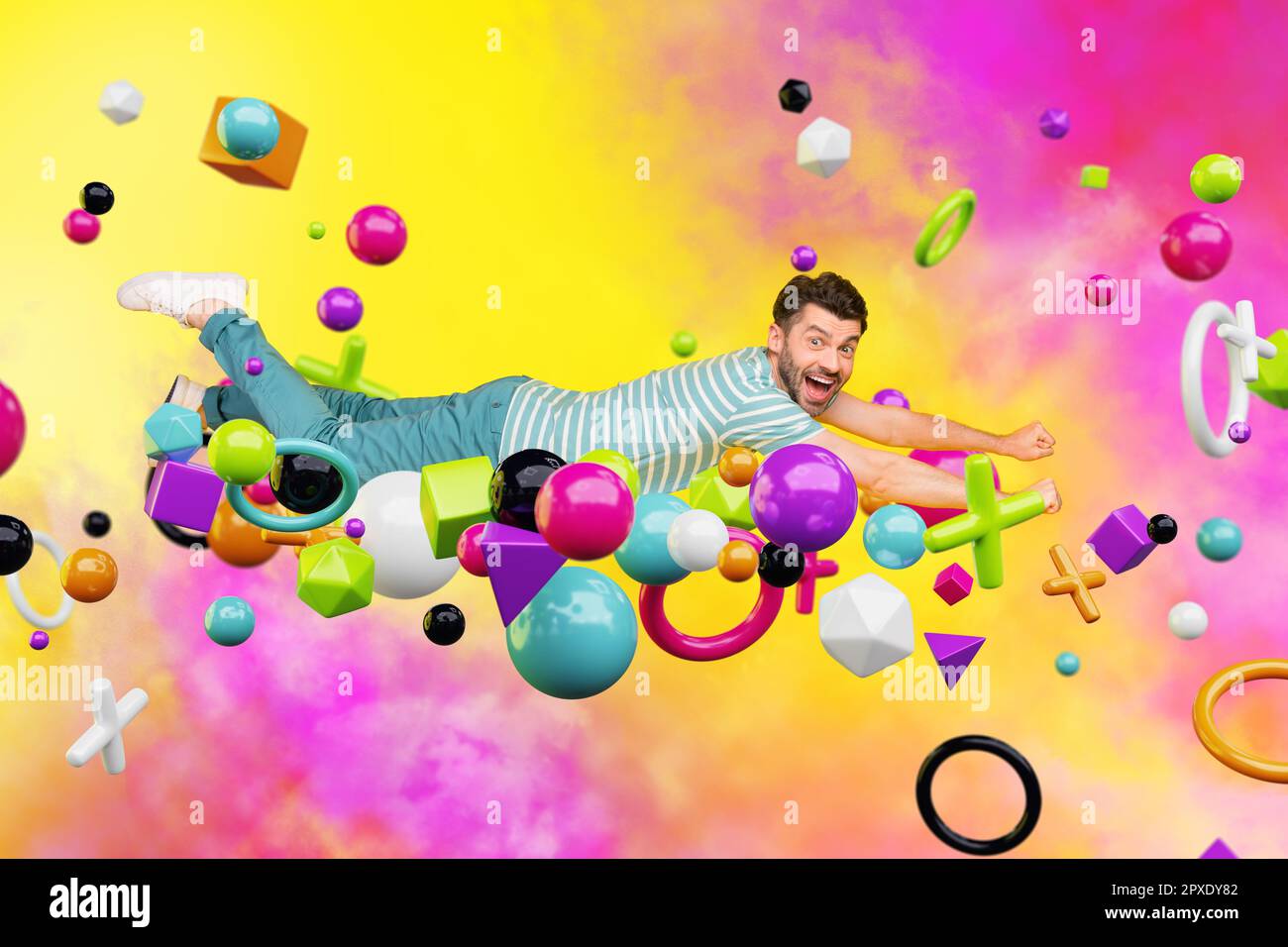 Magazine 3d collage of funny young guy travel on fantasy reality fast ...