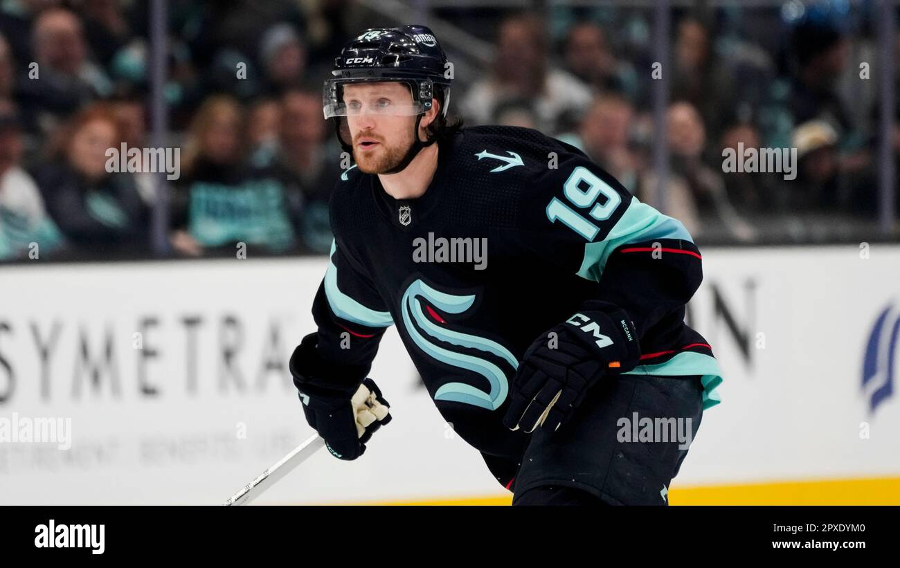 Seattle Kraken left wing Jared McCann (19) skates against the Colorado ...