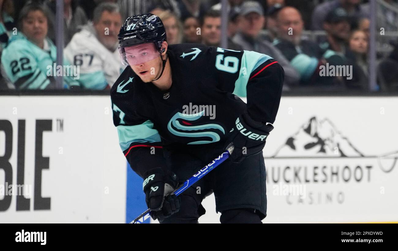 Seattle Kraken center Morgan Geekie (67) looks on against the Colorado ...