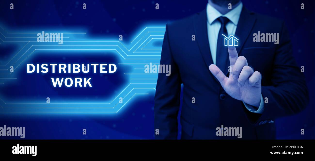 Conceptual caption Distributed Work, Word Written on practiced by enterprises using network ...