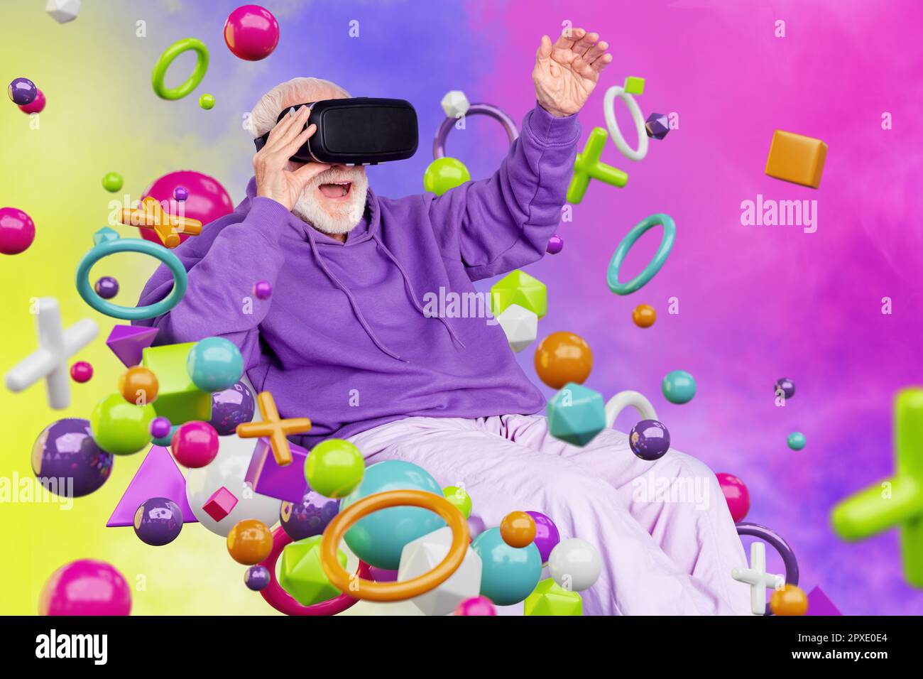 Realistic template collage of aged grandfather modern play virtual ...