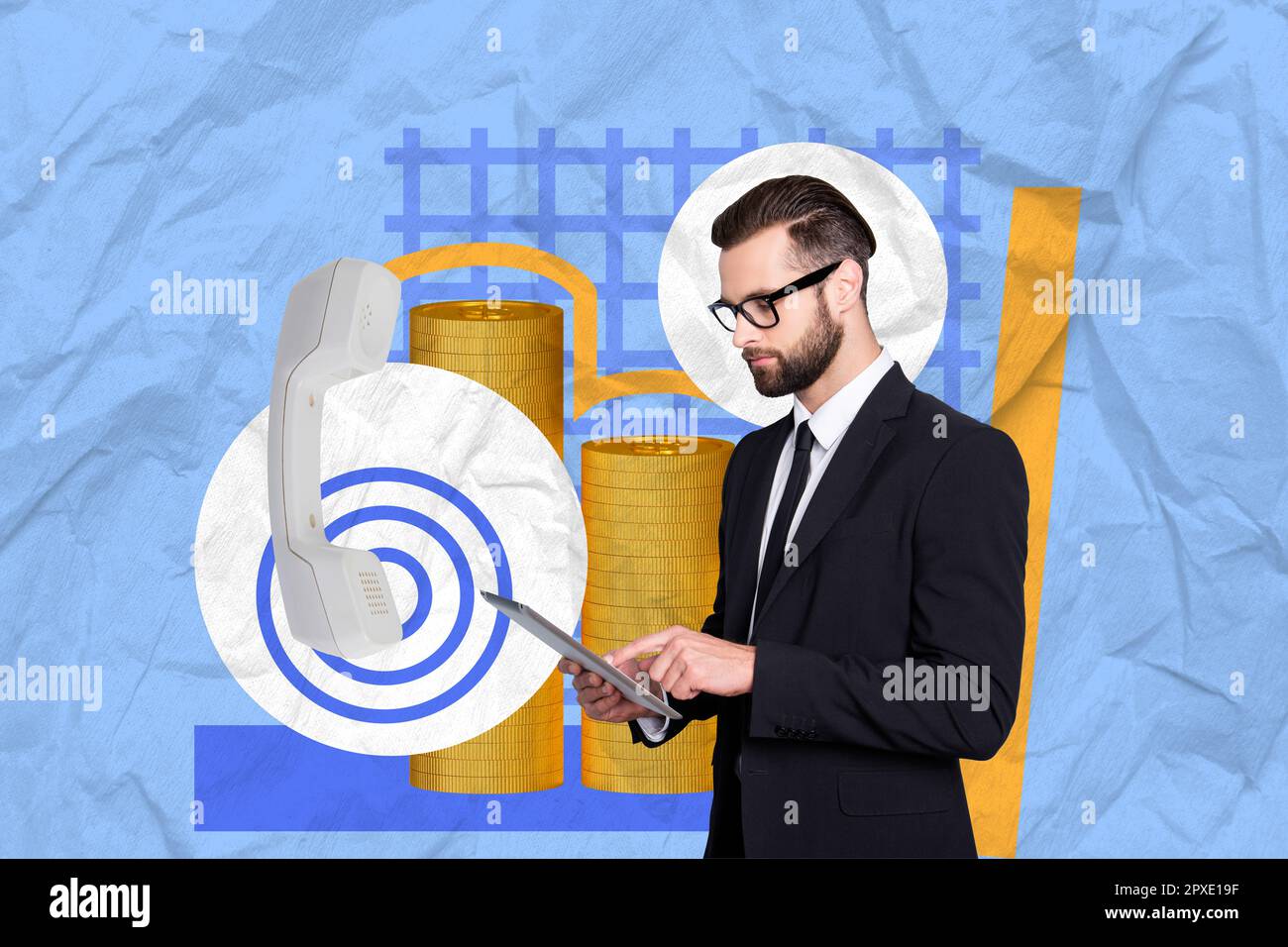 Creative collage image of successful business man use tablet telephone ...