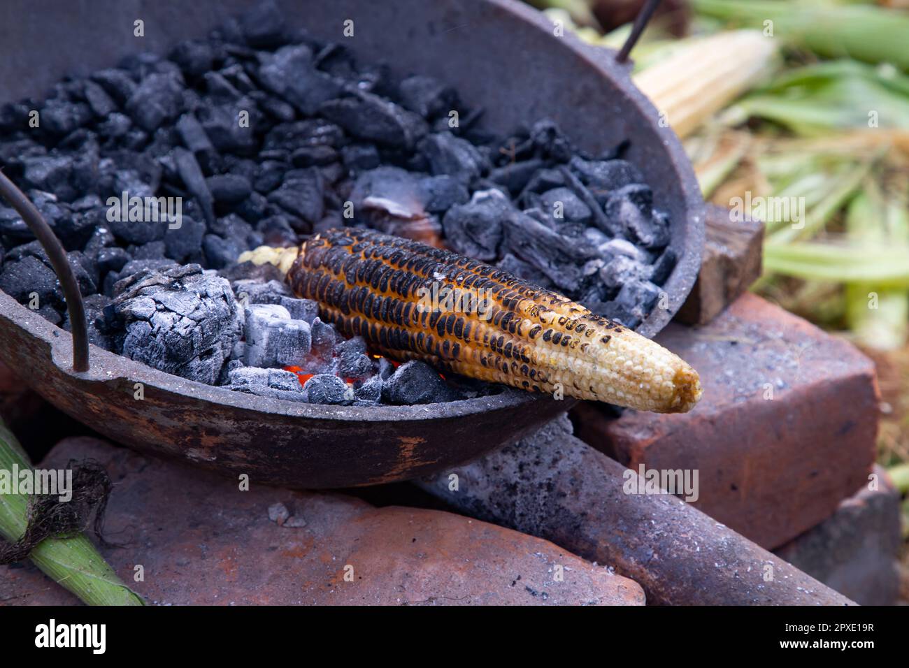 Fresh Raw Yellow corn roasted on fire from black carbons Stock Photo ...