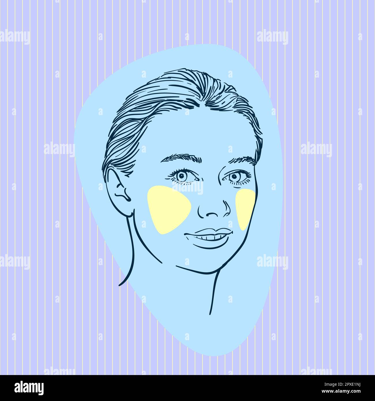 Sketch of pretty woman head with yellow cheeks on blue abstract ...