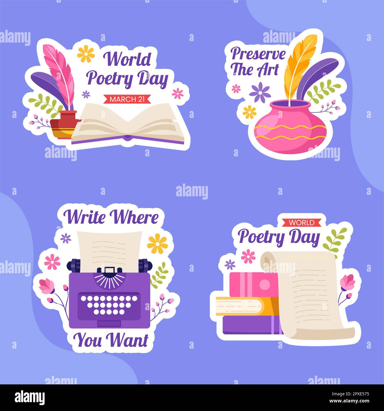 World Poetry Day Label with Paper and Quill Flat Cartoon Hand Drawn ...