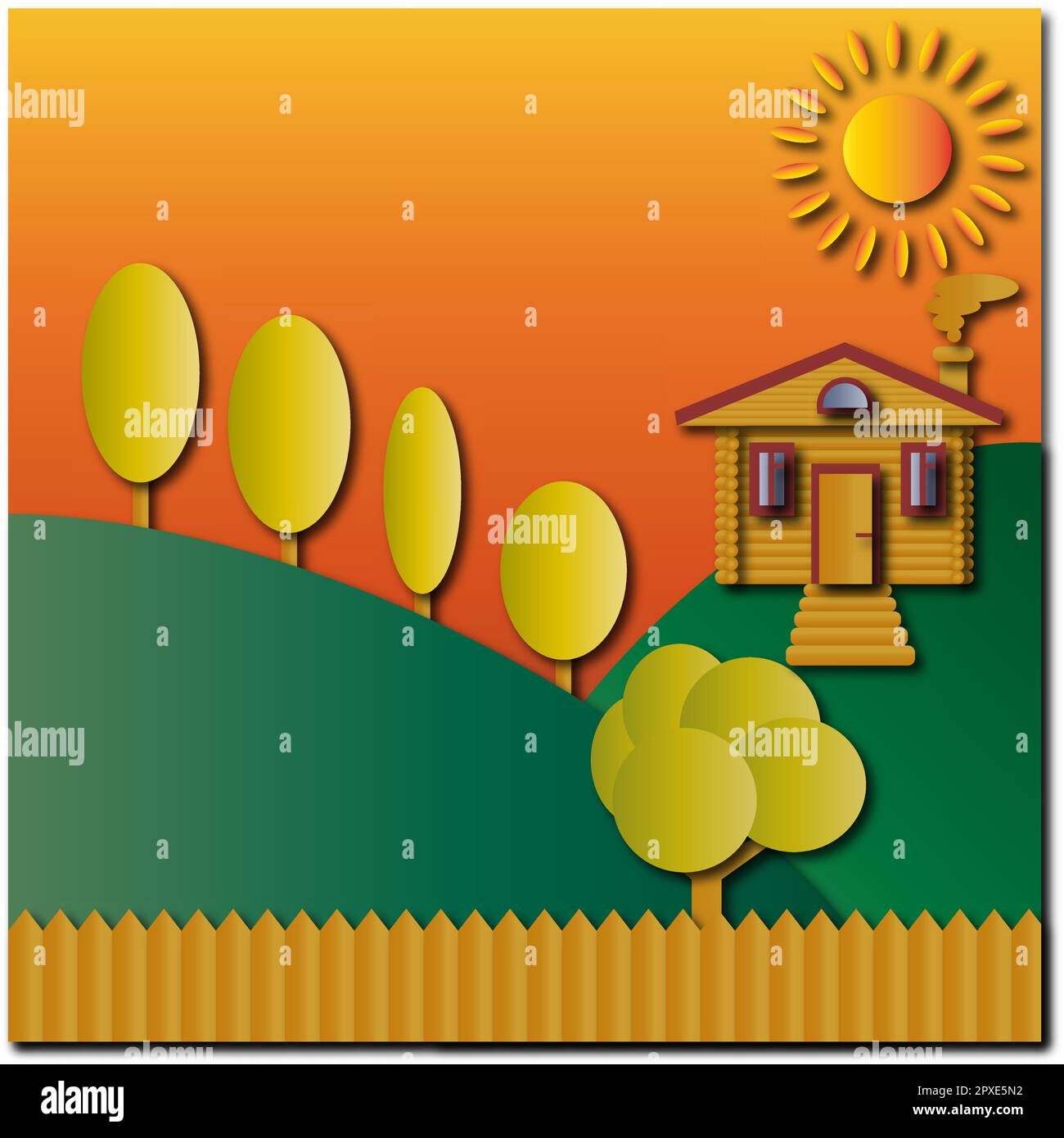 Landscape, log house, trees and fence, hills and sun in orange tones ...