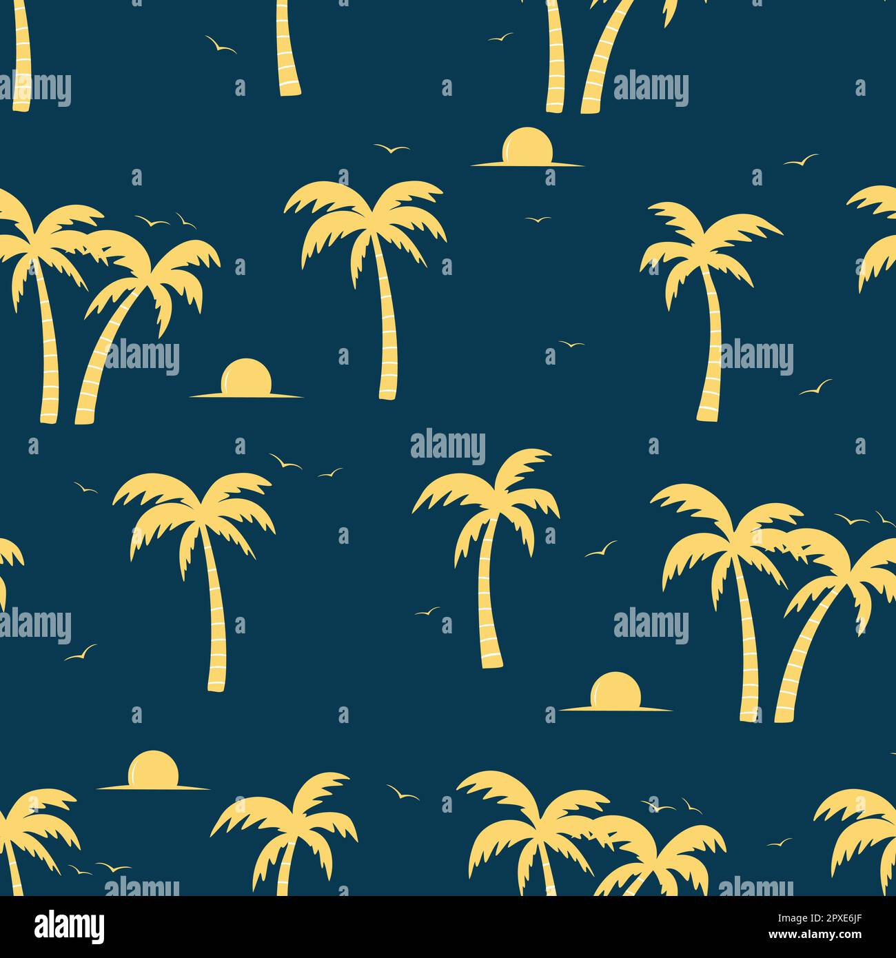 Seamless pattern in the summer mood with palm trees, sun and birds in ...