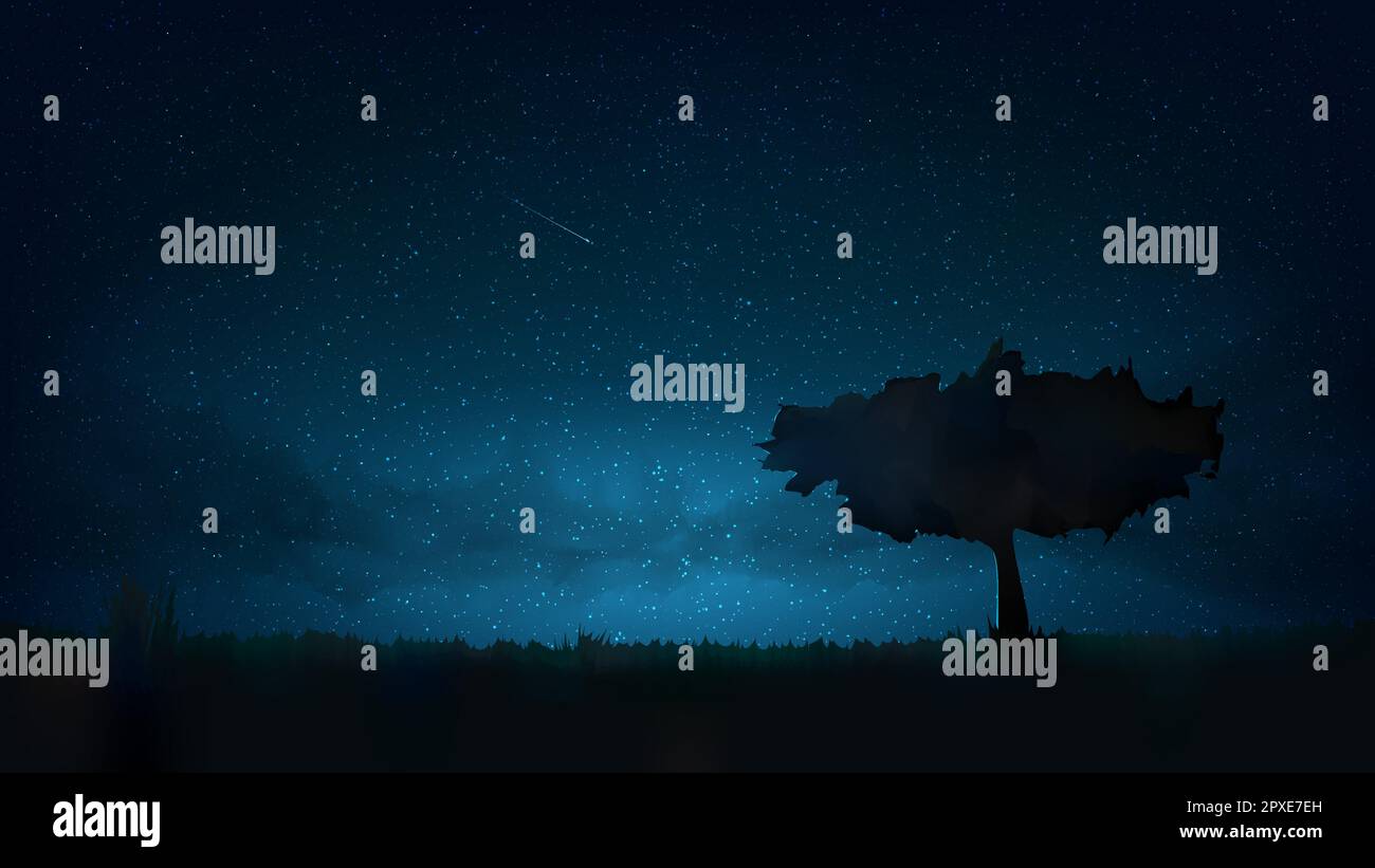 Night shining starry sky, lonely tree in the meadow. Dark blue space ...