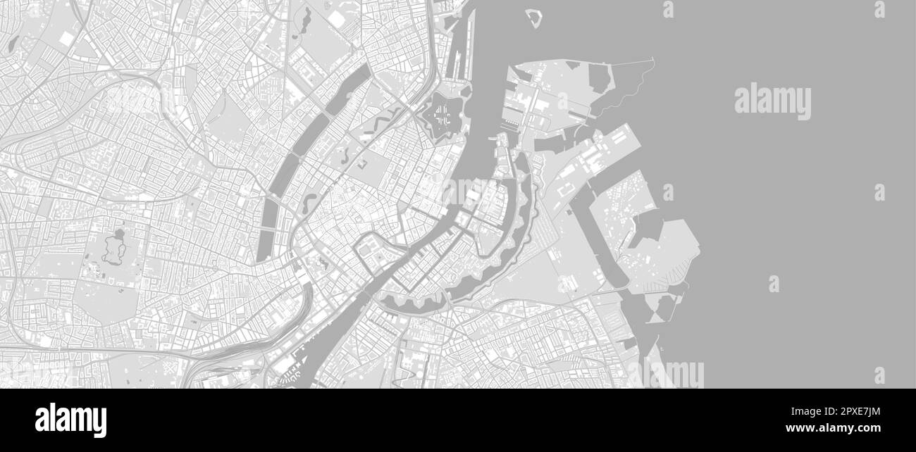 White and light grey Copenhagen City area vector background map, roads and water cartography ...