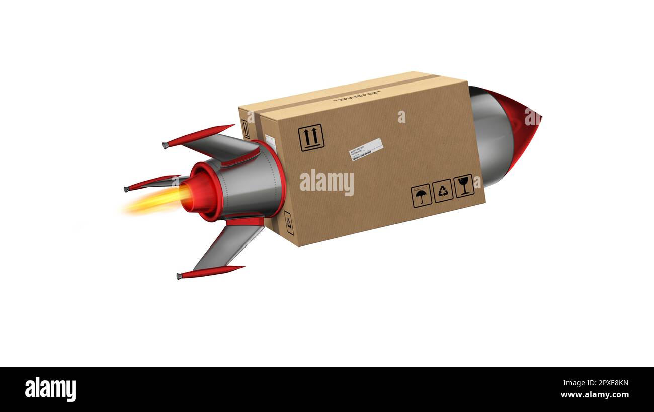 Carton box flies fast with rocket. concept priority deliverys. 3d ...