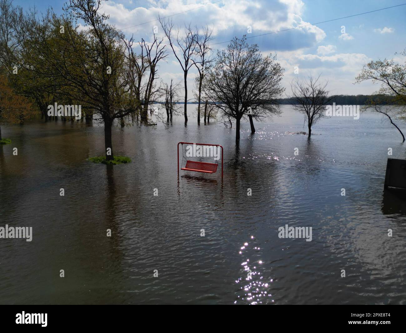 An aerial view of Sunset Marina Park in Rock Island during flood season ...
