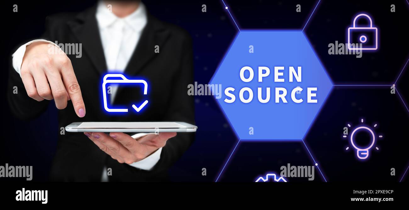 Sign displaying Open Source, Conceptual photo denoting software which original source code ...