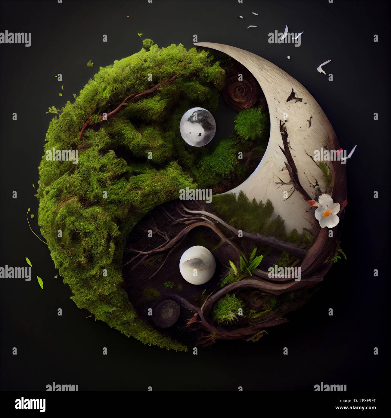 Fresh green and dried plant balance, abstract symbol of Yin-Yang. 3d ...