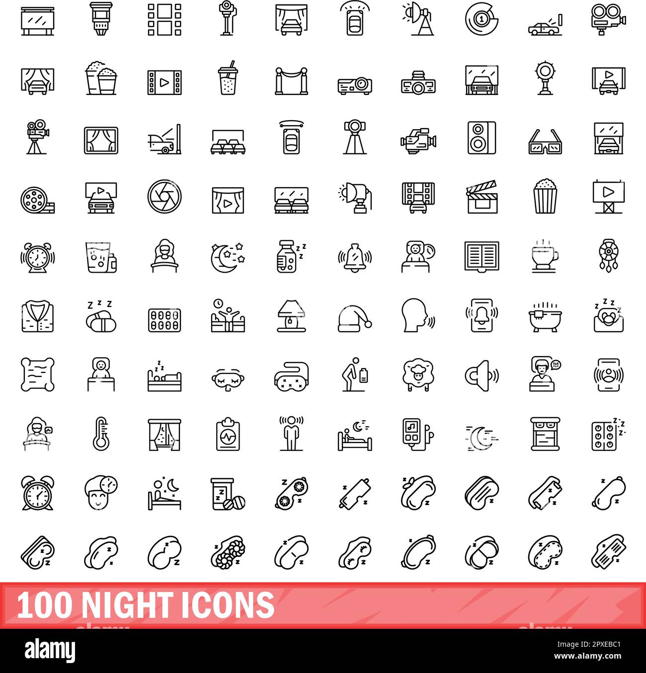 100 night icons set. Outline illustration of 100 night icons vector set ...