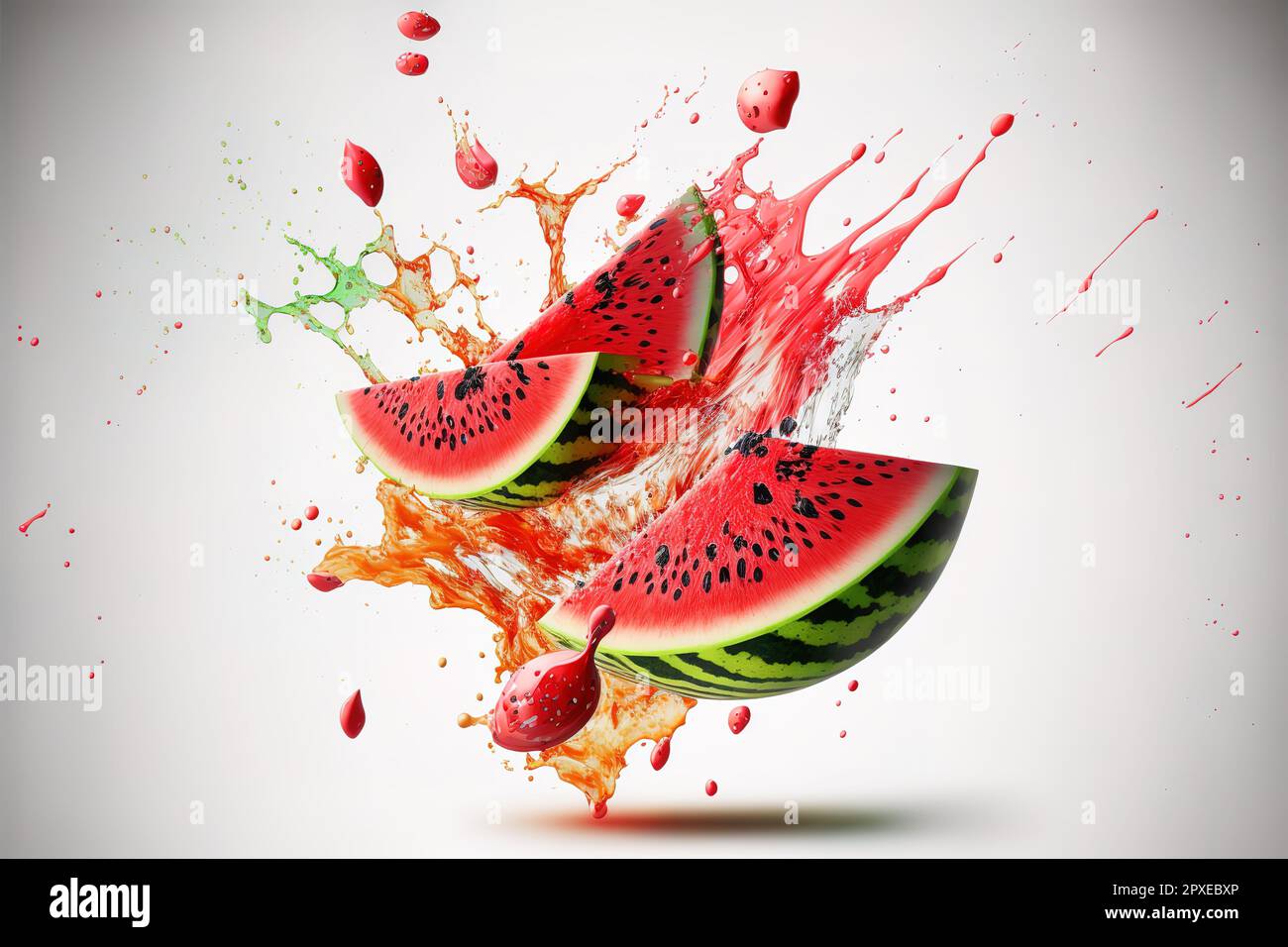 Fresh slices of watermelon flying on a plain background with exploding juice splash Stock Photo ...