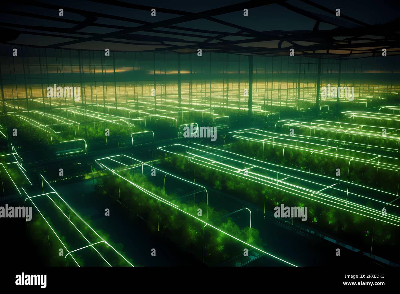 A vertical farm with a green light green Stock Photo - Alamy
