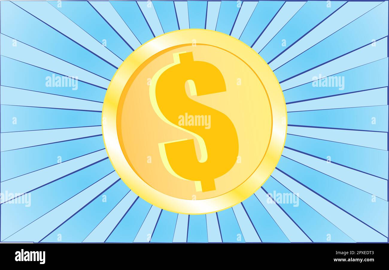 Golden round big dollar money coin on abstract blue rays background ...