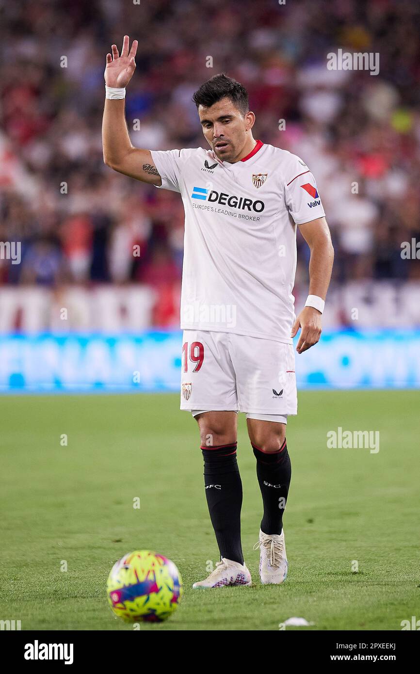 Seville, Spain. 01st May, 2023. Marcos Acuna (19) of Sevilla FC seen ...