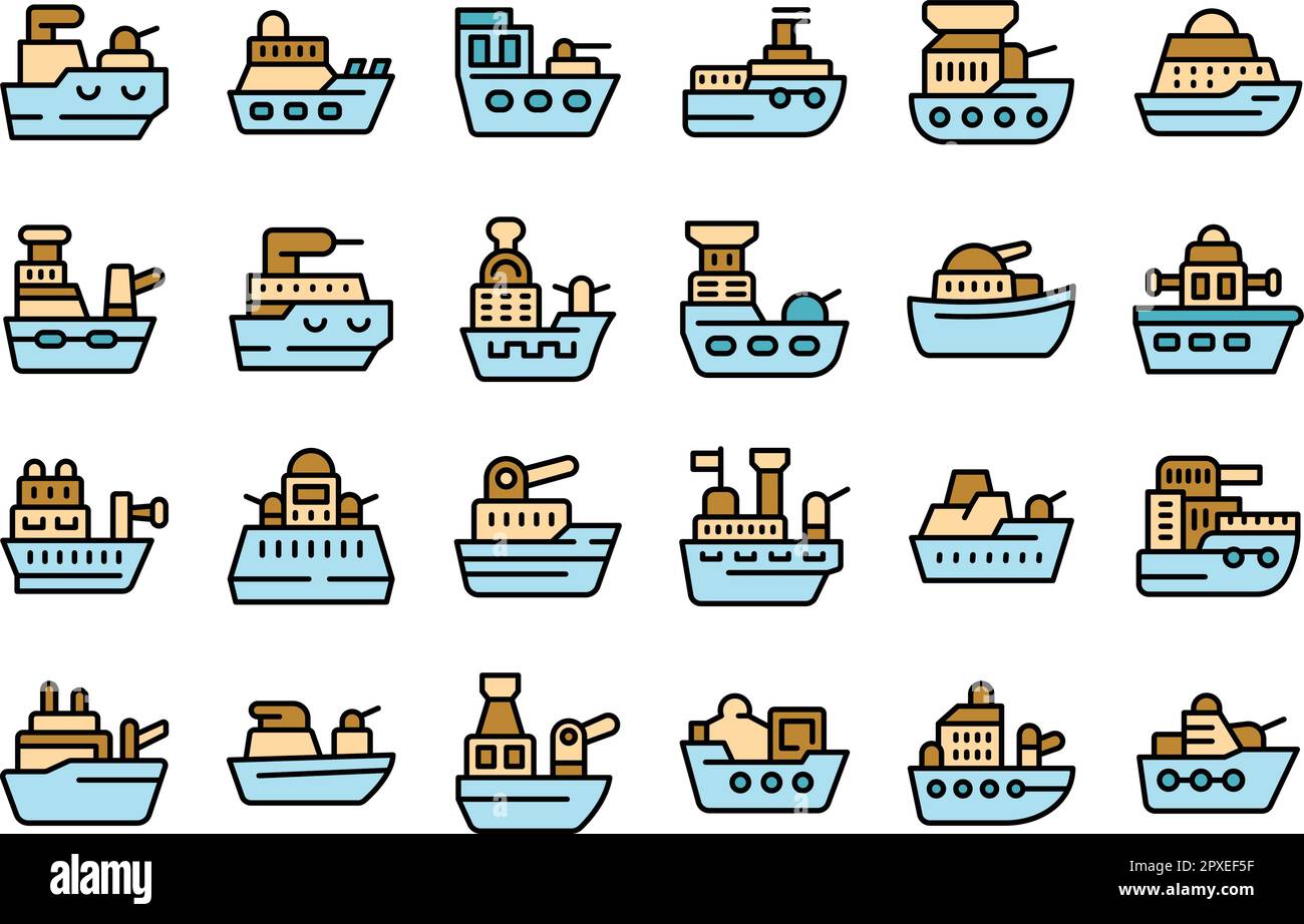 Warship icons set outline vector. Aircraft carrier. War boat thin line ...