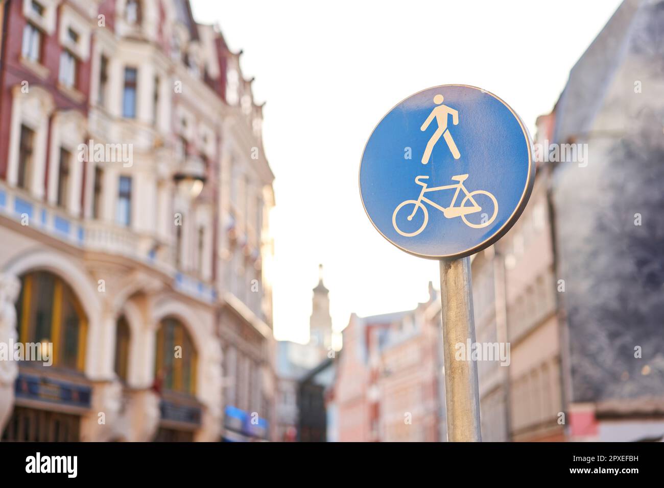 pedestrian bicycle zone sign in blue circle. city street sign concept ...