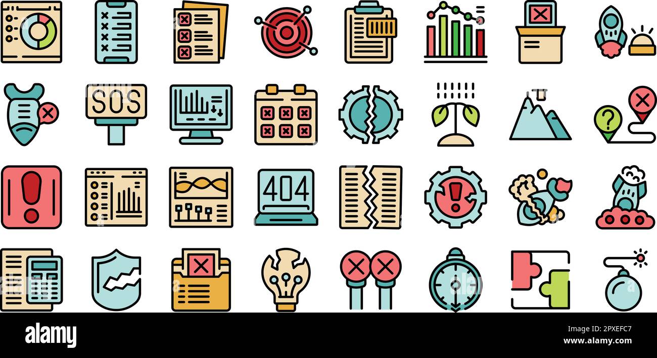 Failed startup icons set outline vector. Broken crash. Rocket down thin ...
