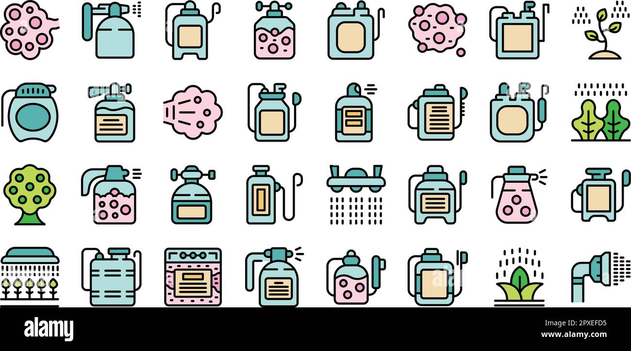 Pesticide sprayer icons set outline vector. Garden pressure. Farm lawn ...