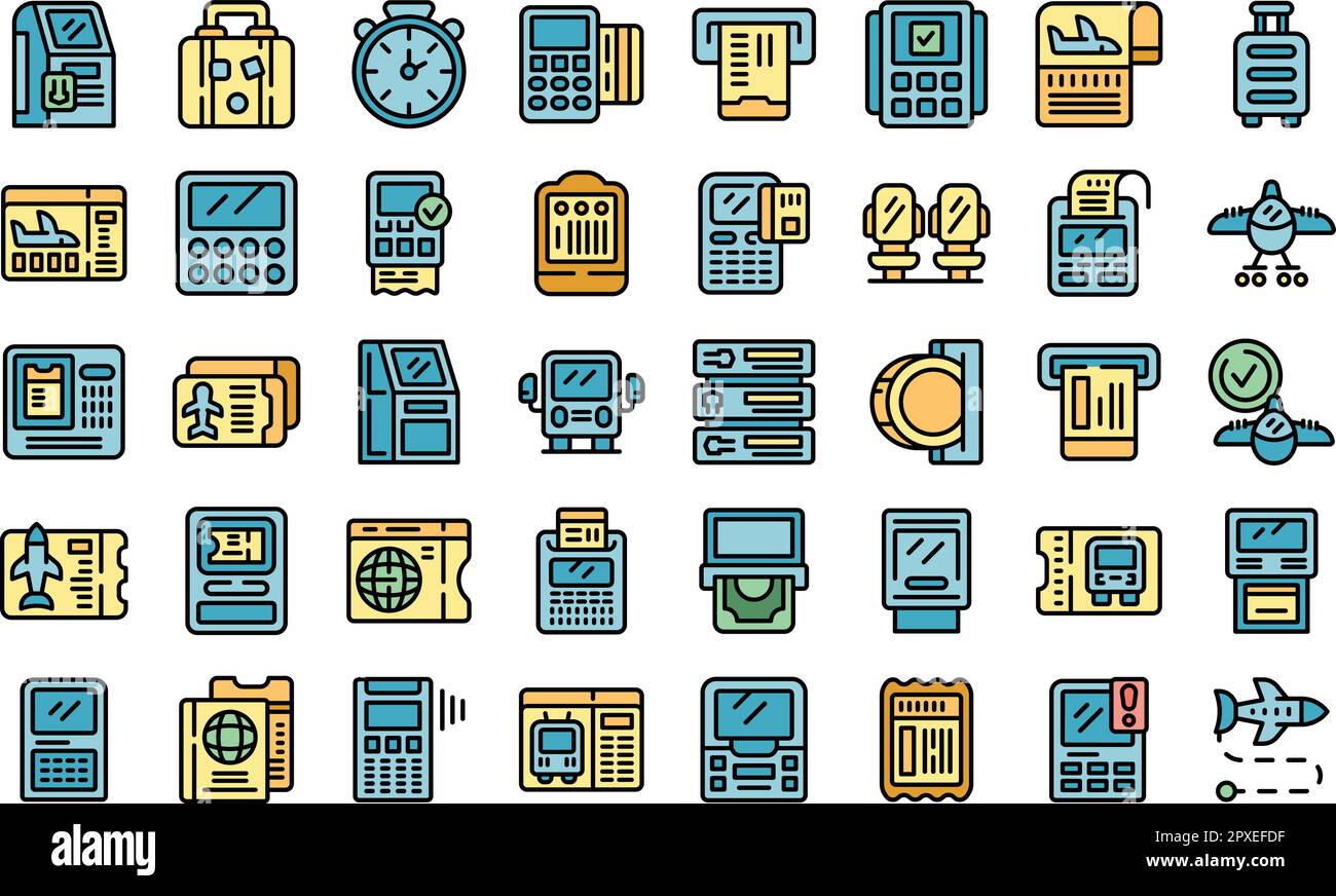 Ticket terminal icons set outline vector. City mobile. Security travel thin line color on white ...