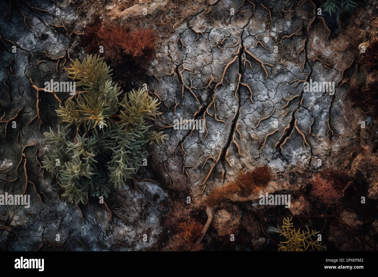 A painting of a rocky landscape with plants and roots Stock Photo - Alamy