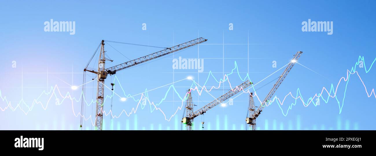 Construction crane working on building site. Infographics charts ...