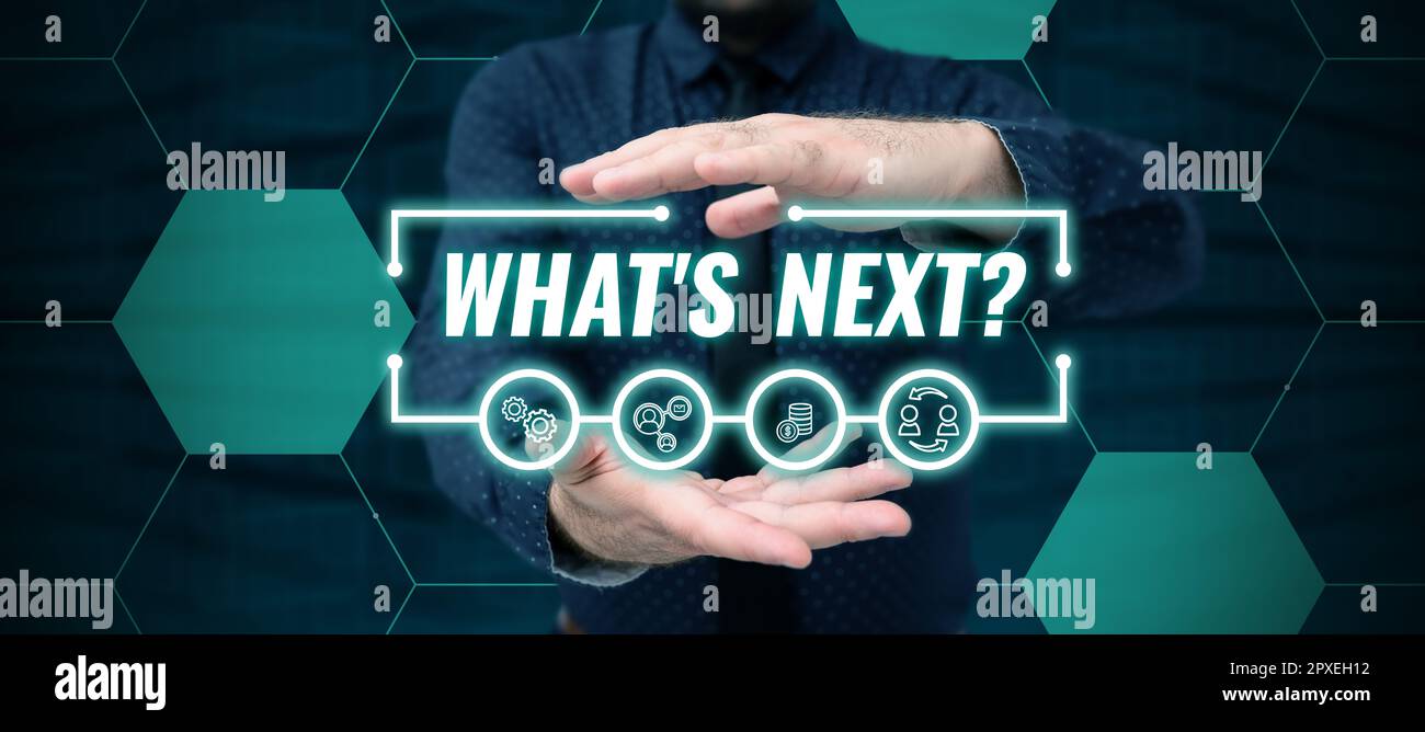 Text sign showing What's Next, Concept meaning Get information Ask ...