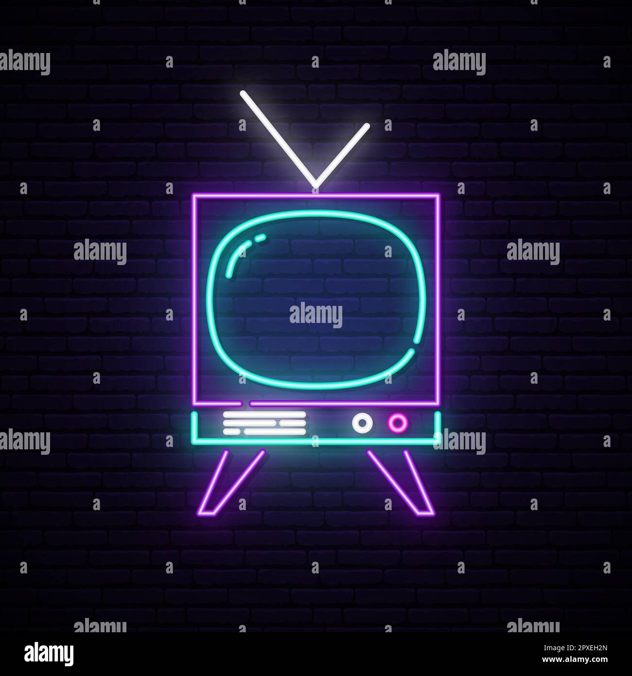 Neon retro TV sign. Glowing retro TV with antenna on dark brick wall ...