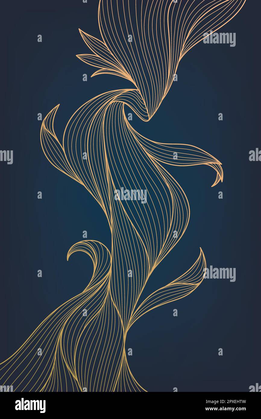 Vector golden wavy modern, art deco wallpaper background pattern. Line ...