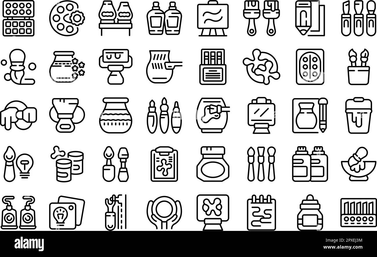 Art workshop icons set outline vector. School tools. Classroom baby ...