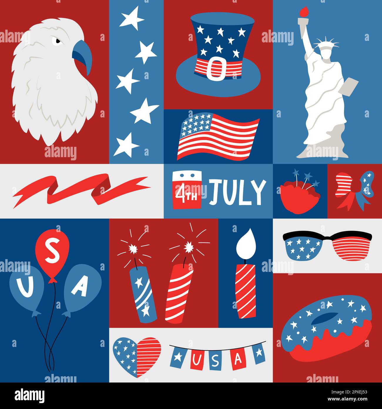 Square graphic poster with national symblos of USA independence day ...