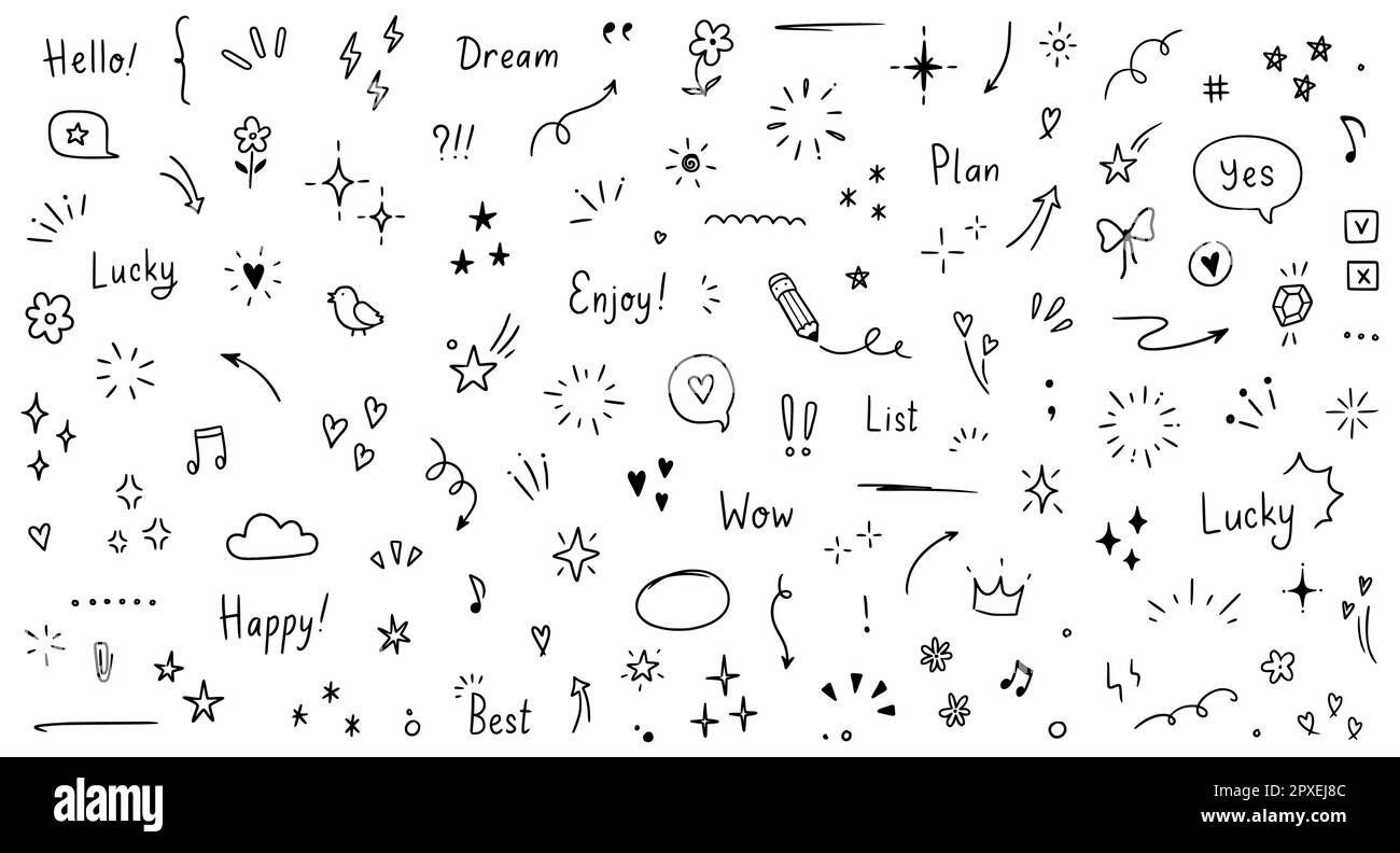 Doodle cute glitter pen line elements. Doodle heart, arrow, star ...